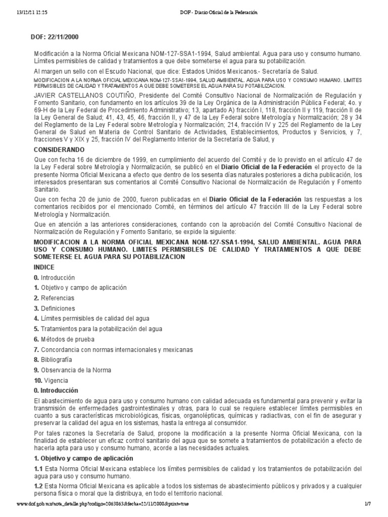 Nom 127 Ssa1 1994 | PDF | Agua | Agua potable