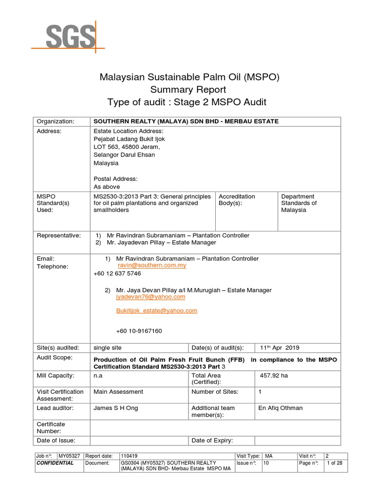 SGS MSPO Southern Realty Malaya SDN BHD Merbau Estate Audit Summary ...