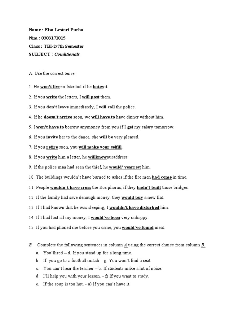 B. Complete The Following Sentences in Column A Using The Correct Choice From Column B | PDF