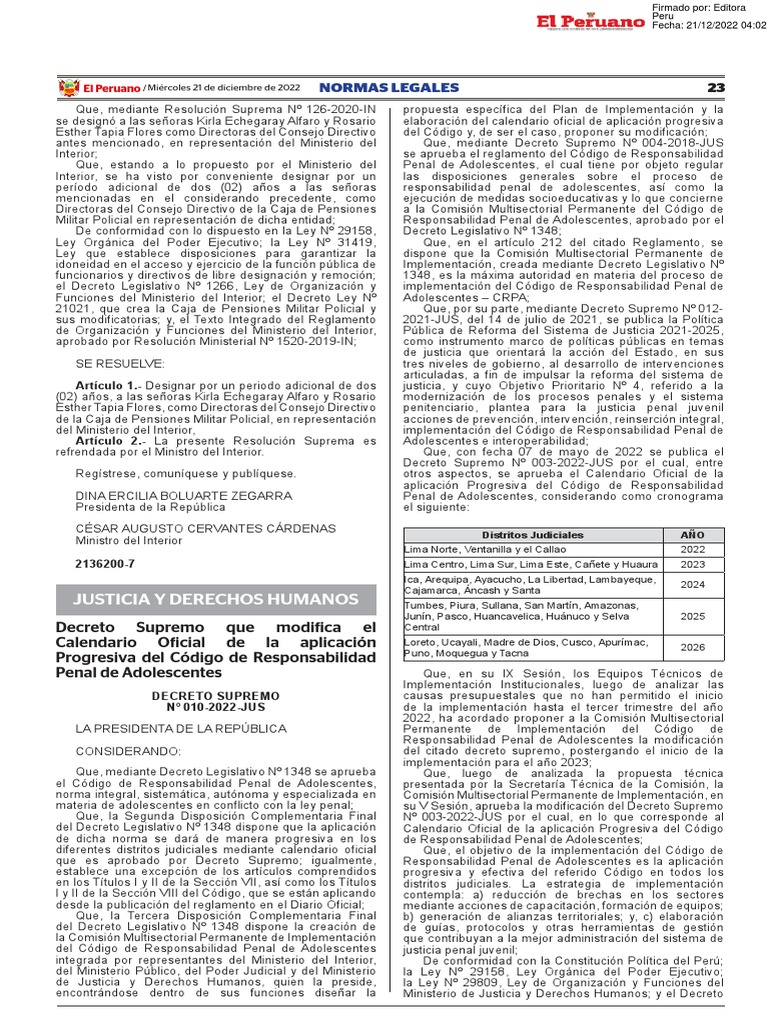 Decreto Supremo que modifica el Calendario Oficial de la aplicación Progresiva del Código de ...
