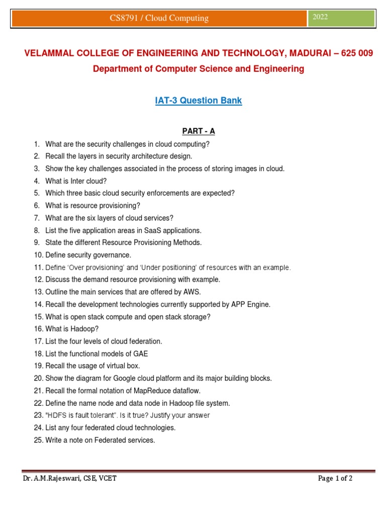 Cs8791 Question Bank Covers Security Provisioning Cloud Models Pdf