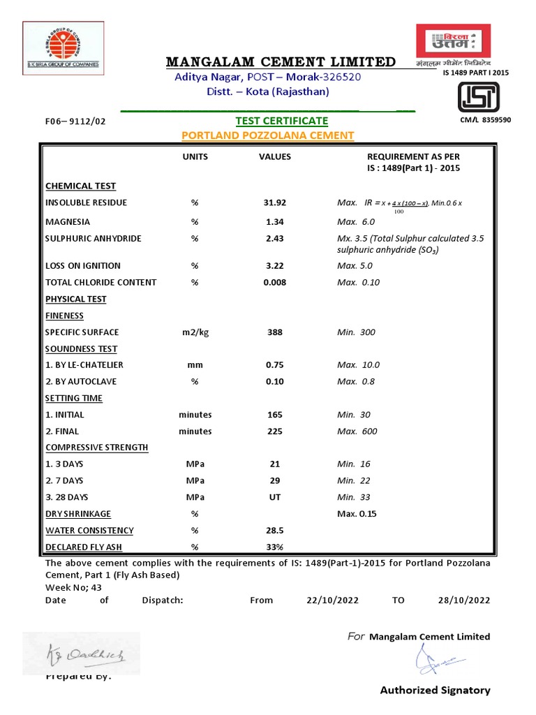 Mangalam Cement Limited: - Test Certificate | Download Free PDF ...