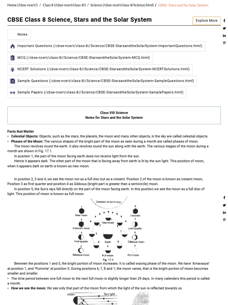 CBSE 8 Science CBSE - Stars and The Solar System, Free Test Papers ...