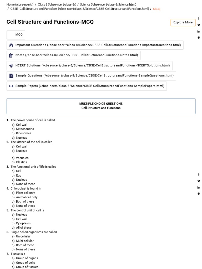 Cell Structure MCQs for Class 8 | PDF | Cell (Biology) | Tissue (Biology)