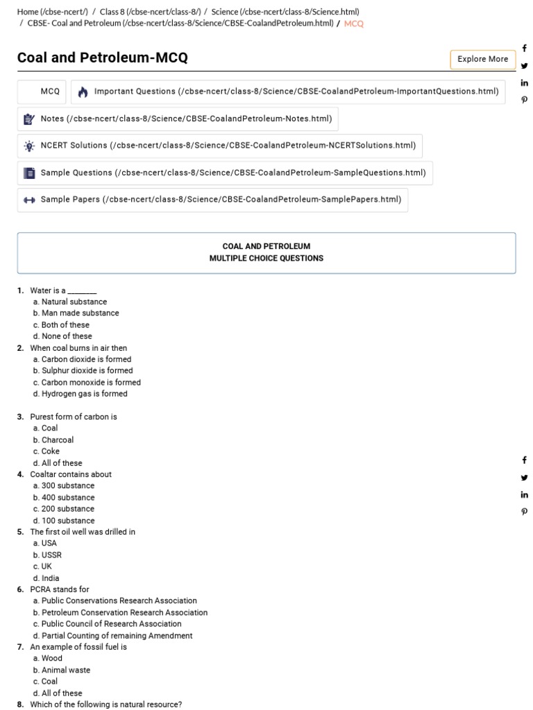 CBSE 8, Science, CBSE - Coal and Petroleum, MCQ | PDF | Coal | Petroleum
