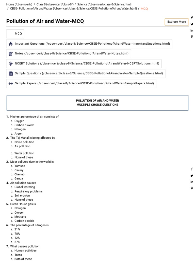Class 8 MCQs on Air and Water Pollution | PDF | Air Pollution | Water ...