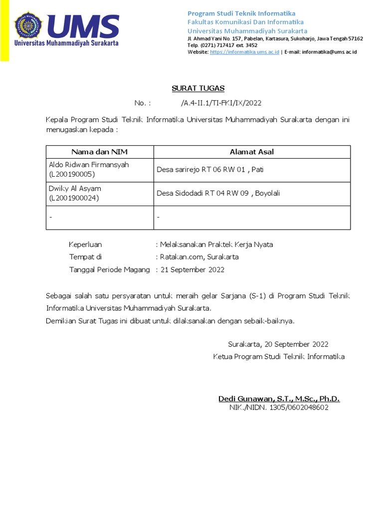 Surat Tugas Praktek Kerja Nyata TI UMS | PDF | Komputer