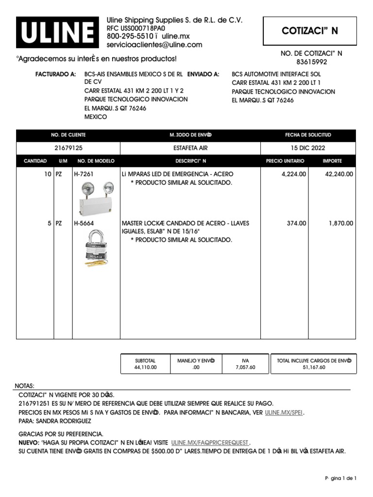 Uline Pricing Request 21679125 125441666 1 | PDF