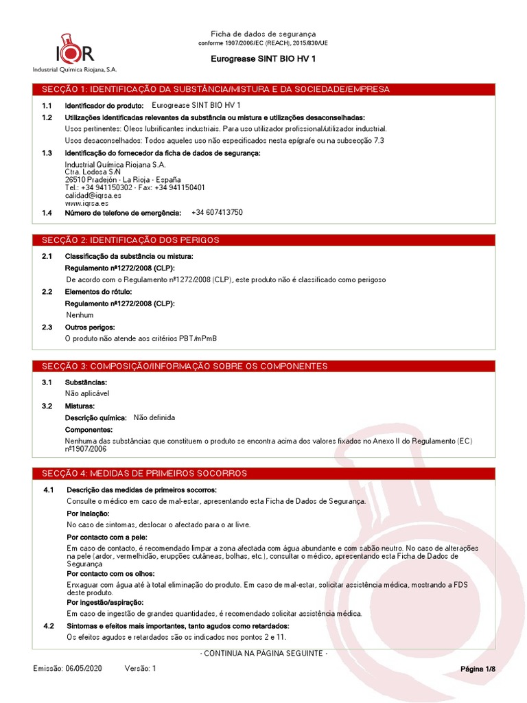 (L0041320807) (Eurogrease SINT BIO HV 1) (1) (PT-PT) | PDF | União Europeia | Desperdício
