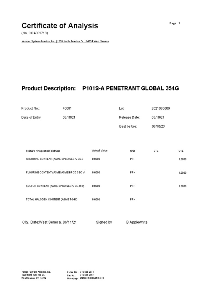 Analysis of P101S-A PENETRANT GLOBAL 354G Lot 2021060009: Chlorine ...
