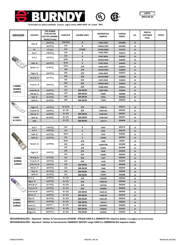 BURNDY Terminales en Cobre y Aluminio LISTA CATALOGO ULTIMO 2022 | PDF ...