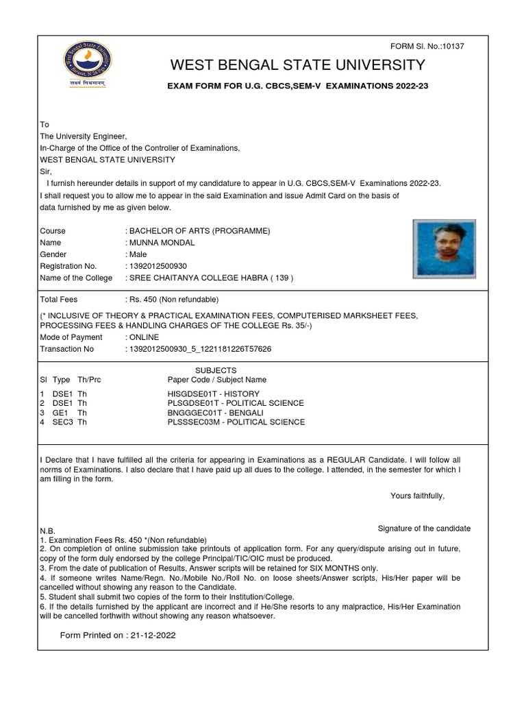 West Bengal State University: Exam Form For U.G. CBCS, Sem-V Examinations 2022-23 | PDF
