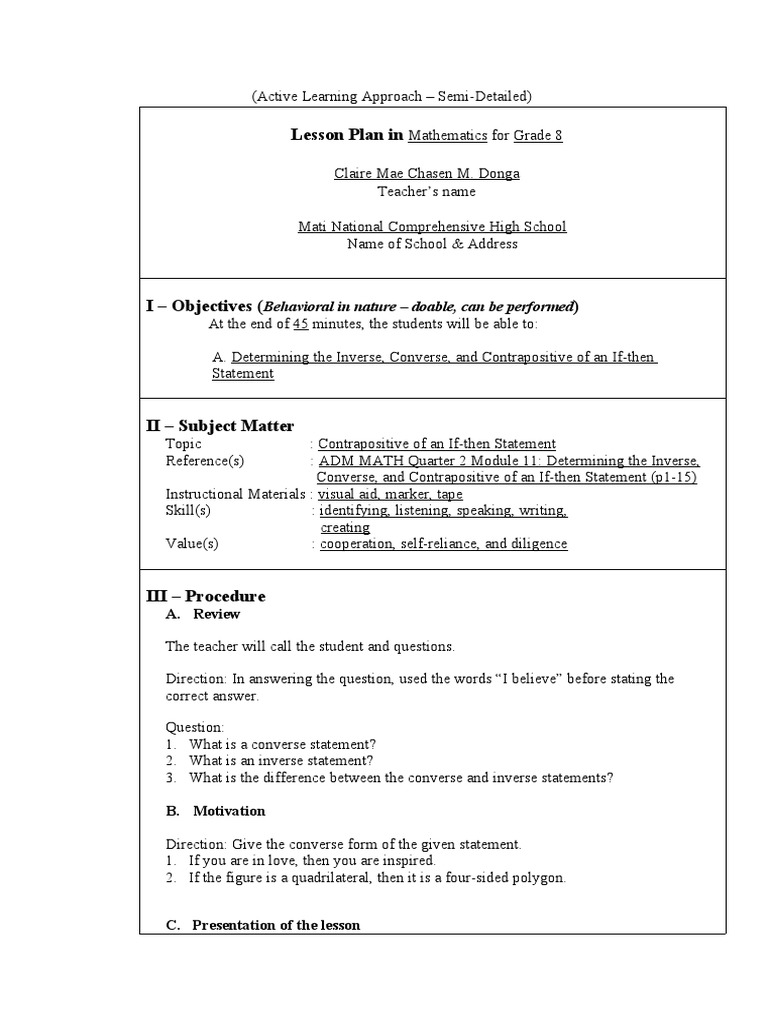Lesson Plan - Contrapositive | Download Free PDF | Lesson Plan | Teachers