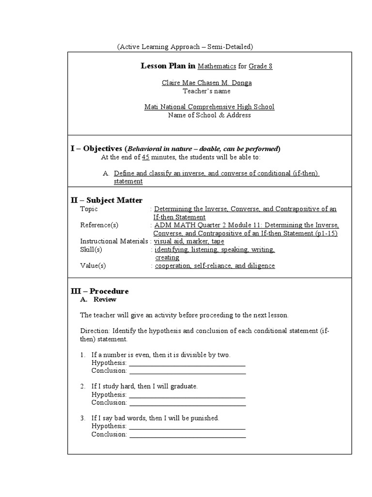 Lesson Plan Converse And Inverse Pdf Lesson Plan Teachers