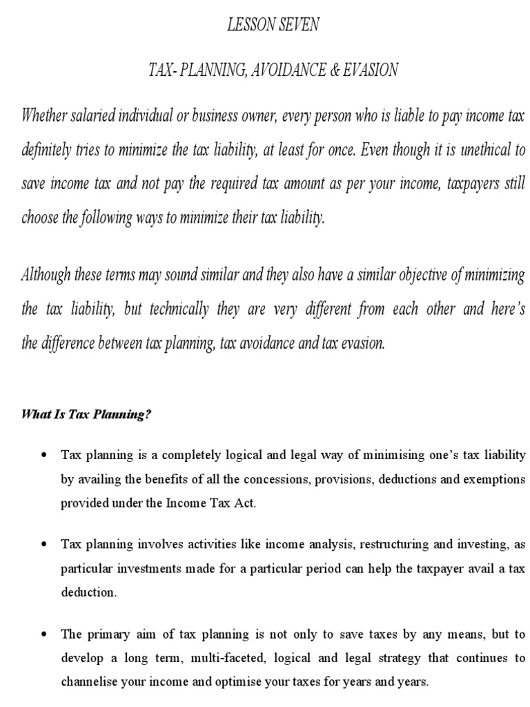 Tax Planning, Avoidance, and Evasion Explained | PDF | Taxes | Tax ...