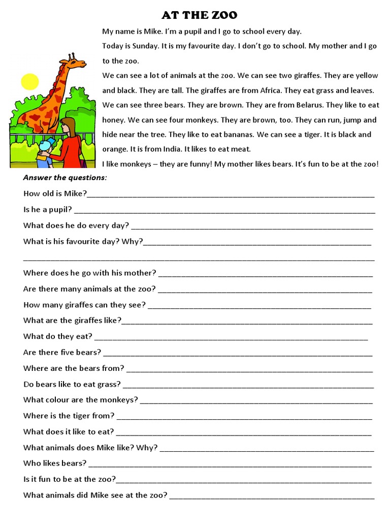 At The Zoo Reading Comprehension Exercises - 71325 | PDF