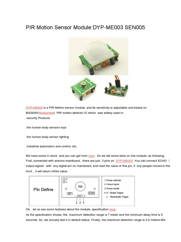 PIR Motion Sensor DYP-ME003 Guide | PDF | Technology & Engineering