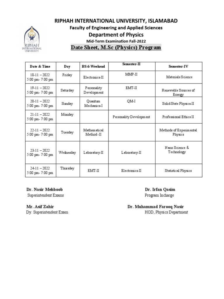 Date Sheet, MSC, M.Phil & PHD Physics Fall-2021 | PDF | Physics | Quantum Mechanics