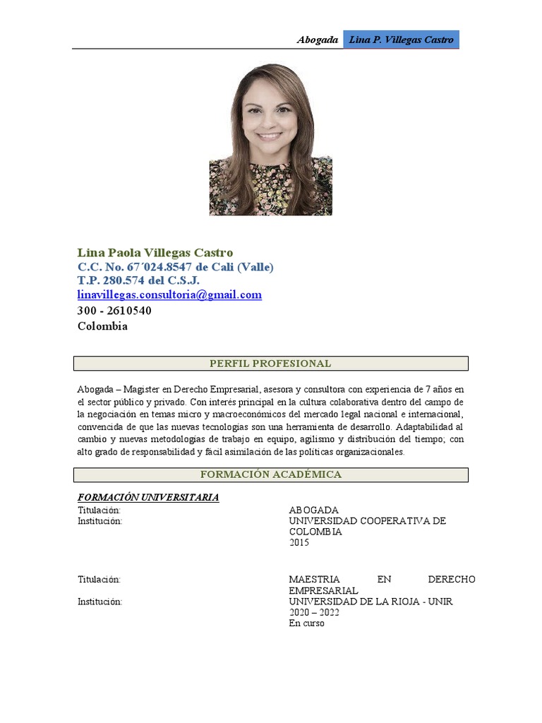 CV Lina Paola Villegas Castro - Consultora | PDF | Colombia