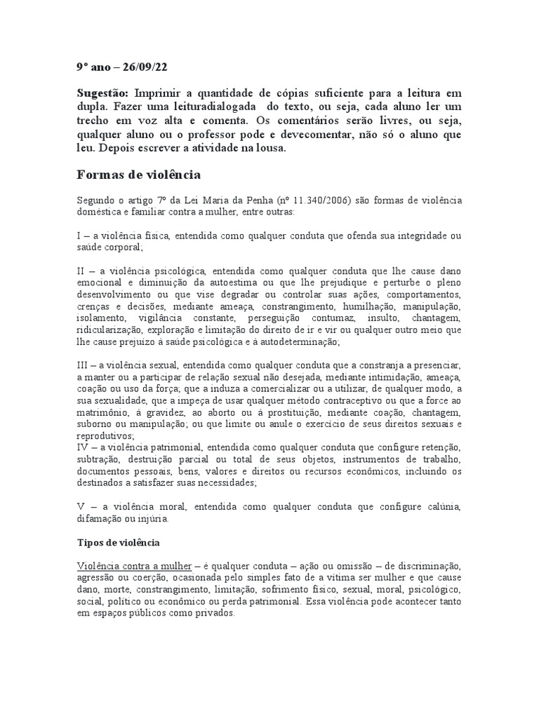 9º Ano Formas De Violência Texto Para Discussão Pdf Violência