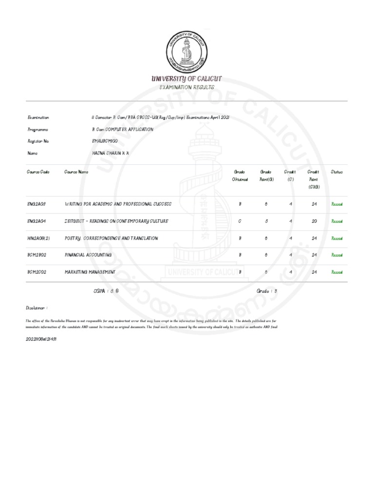 University of Calicut - Online Results | PDF | Computing | Business University of Calicut - Online Results | PDF | Computing | Business