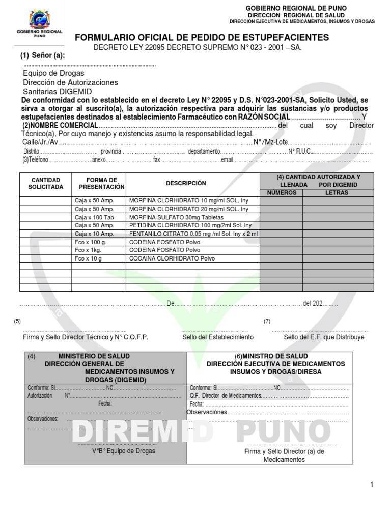 Formulario Oficial de Pedido de Estupefacientes Fope | PDF ...
