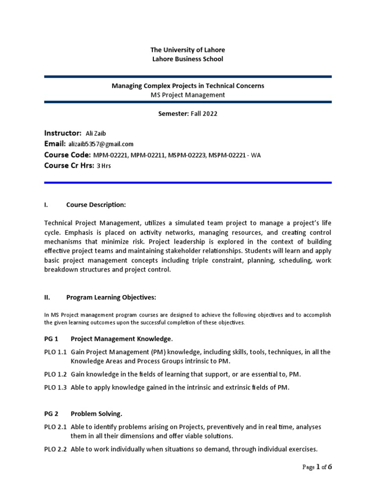 Course Outline - Managing Complex Projects in Technical Concerns | PDF ...