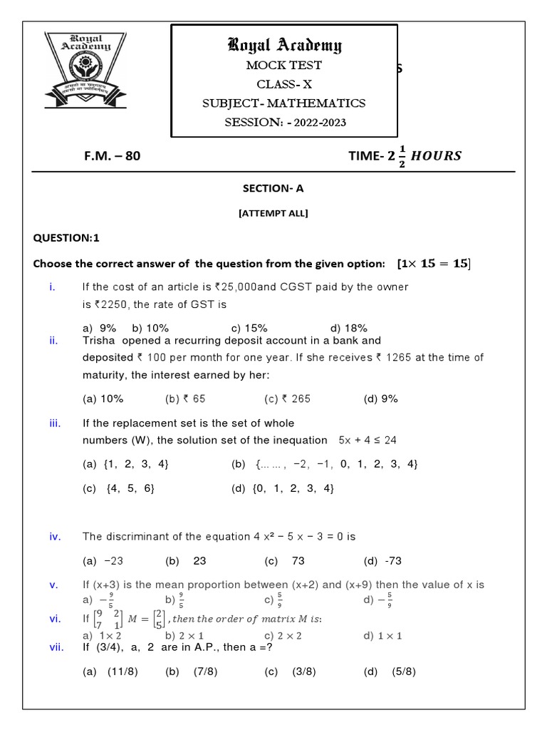 Mathematics Mock Test 2022-2023 | PDF | Circle | Triangle