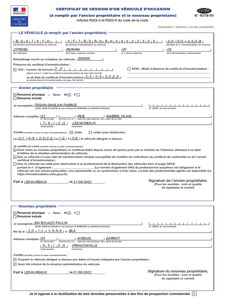 Certificat de cession véhicule PDF | PDF | Transport | Véhicules