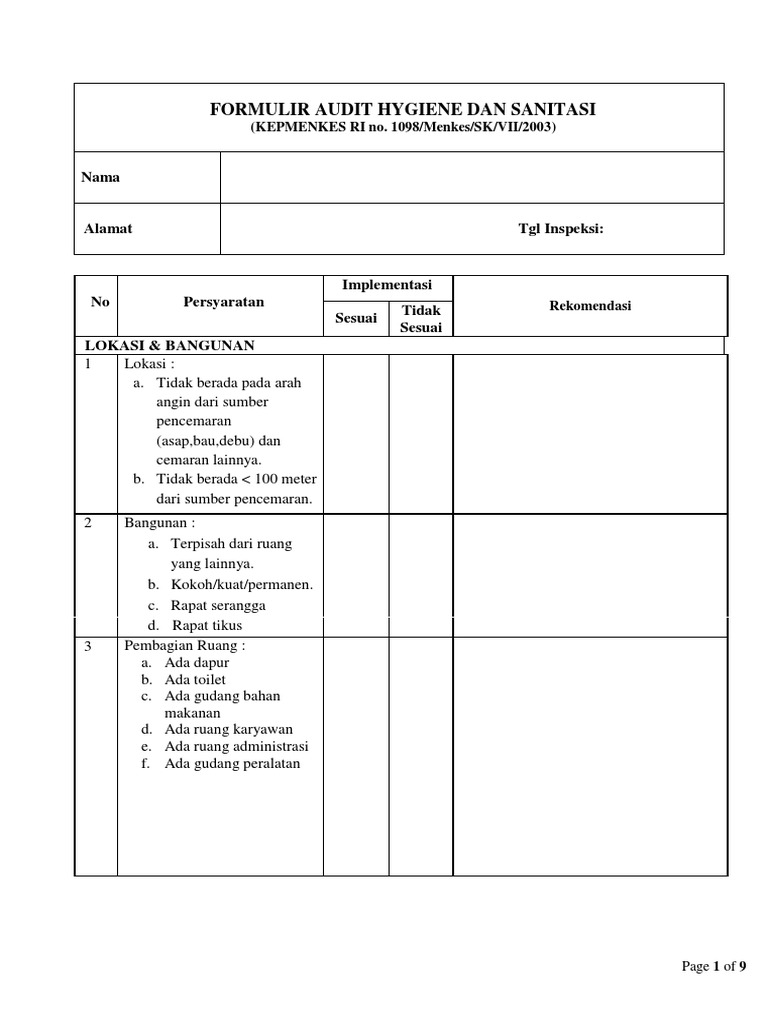 Form Audit Hygiene Sanitasi | PDF