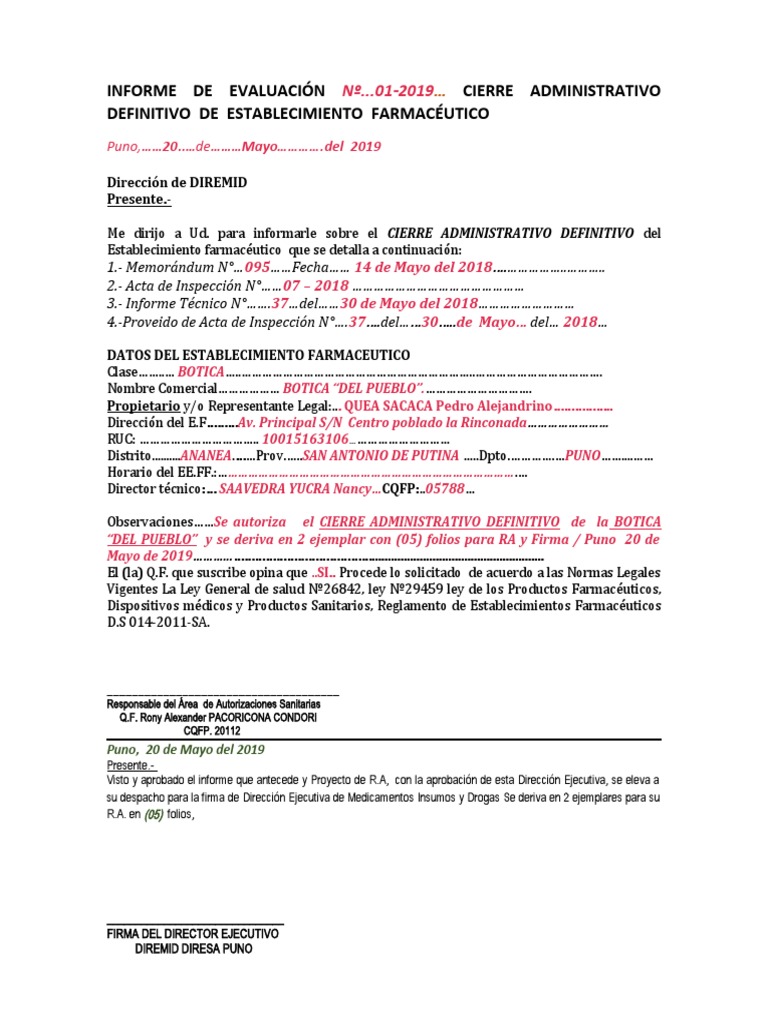 Informe de Evaluación de Cierre Administrativo | PDF | Farmacia | Ciencias de la vida