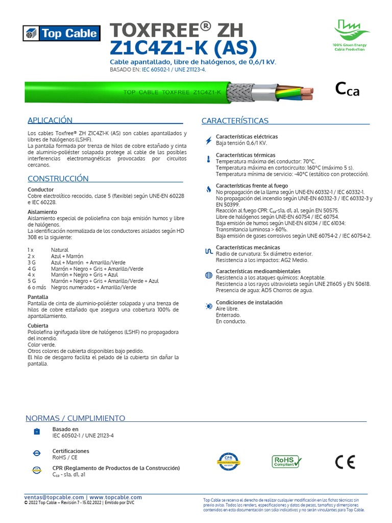 Topcable Toxfree ZH Z1C4Z1-K (As) | PDF | Cobre | Química