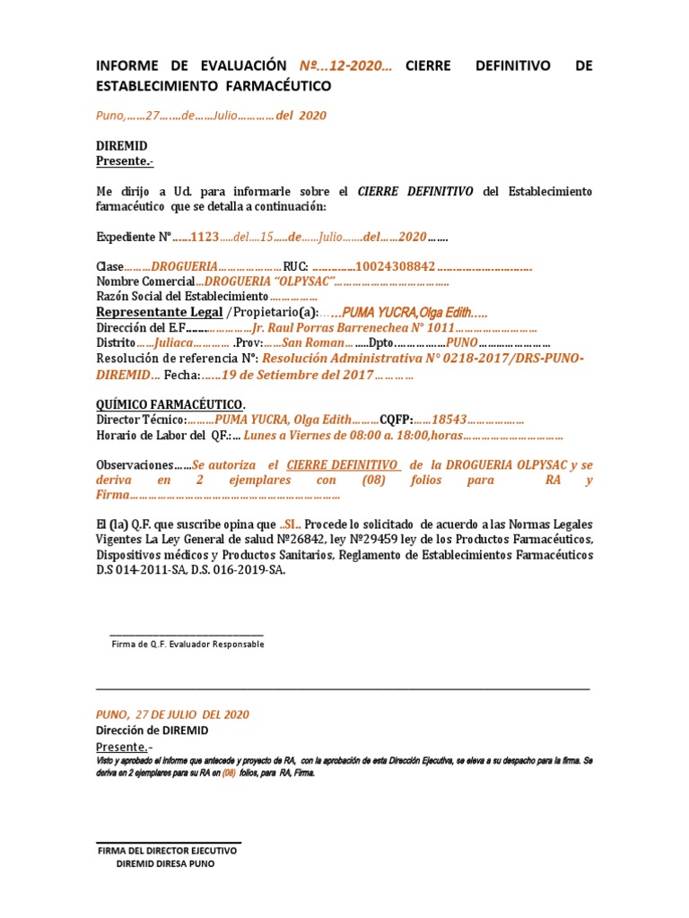 Informe de Evaluación de Cierre Definitivo y Temporal | PDF | Farmacia ...