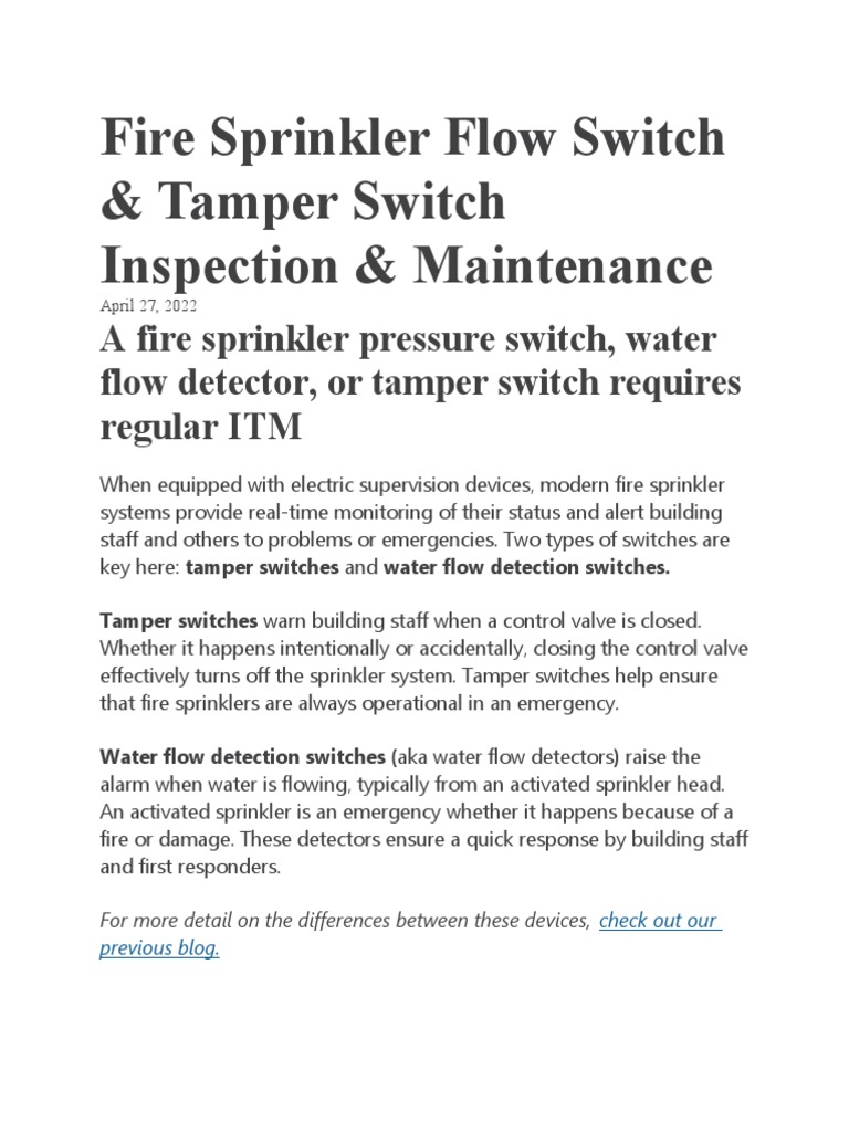 Fire Sprinkler Switch ITM Guide | PDF | Fire Sprinkler System | Equipment