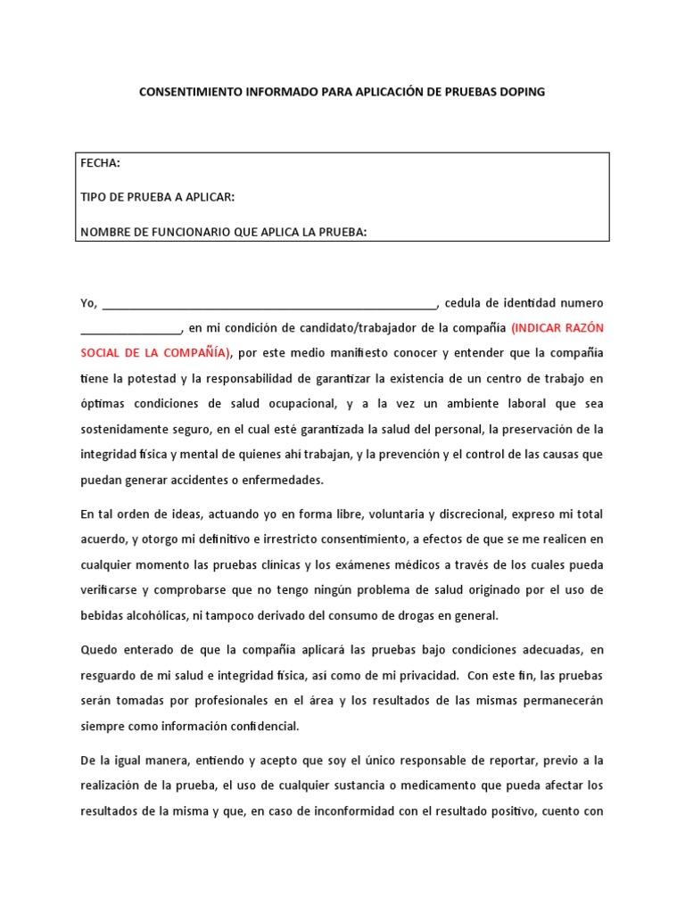 Consentimiento Informado para Pruebas Doping | PDF | Consentimiento ...