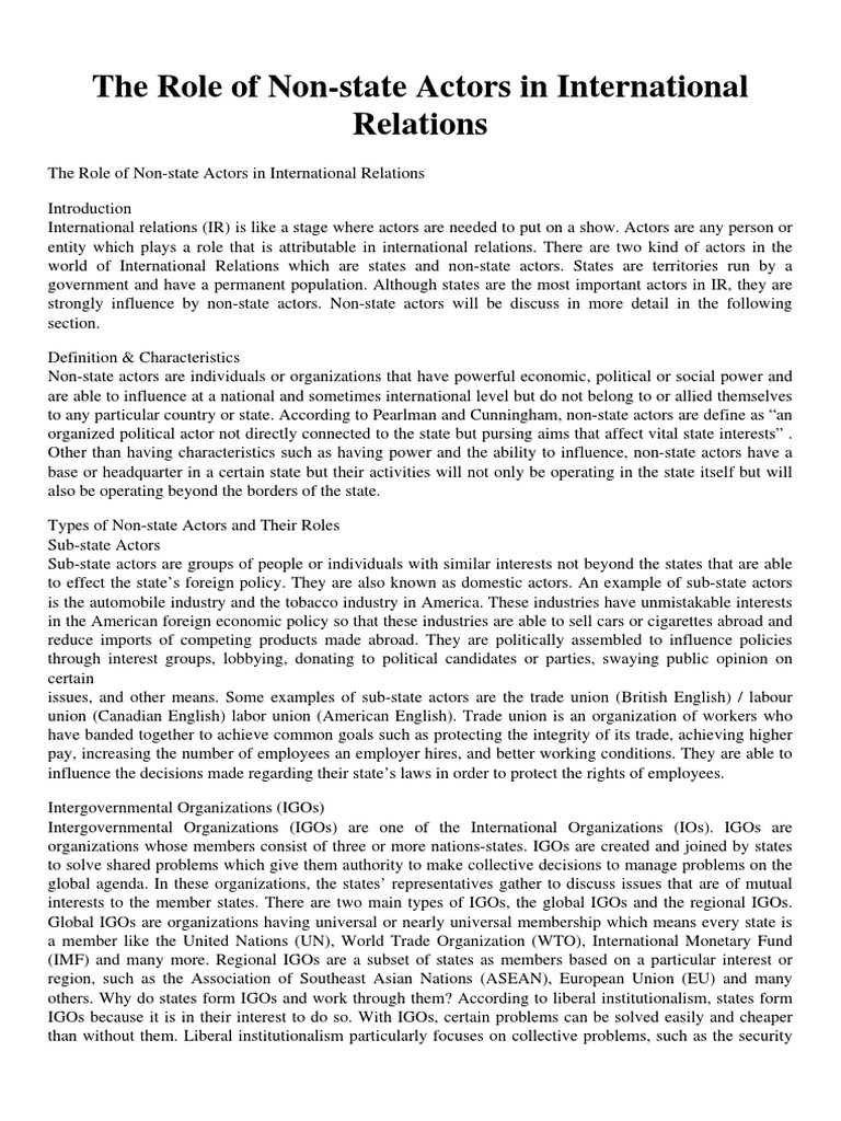 The Role Of Non State Actors In International Relations Pdf