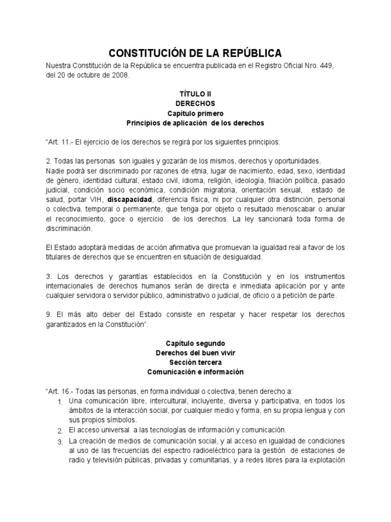 Constitución Del Ecuador Pdf Invalidez Discriminación