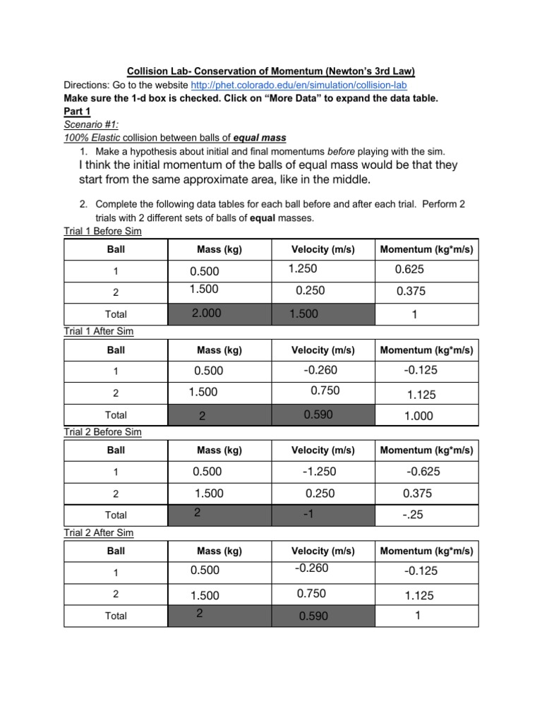 Collision Lab - Conservation of Momentum (Newton's 3rd Law) | PDF ...