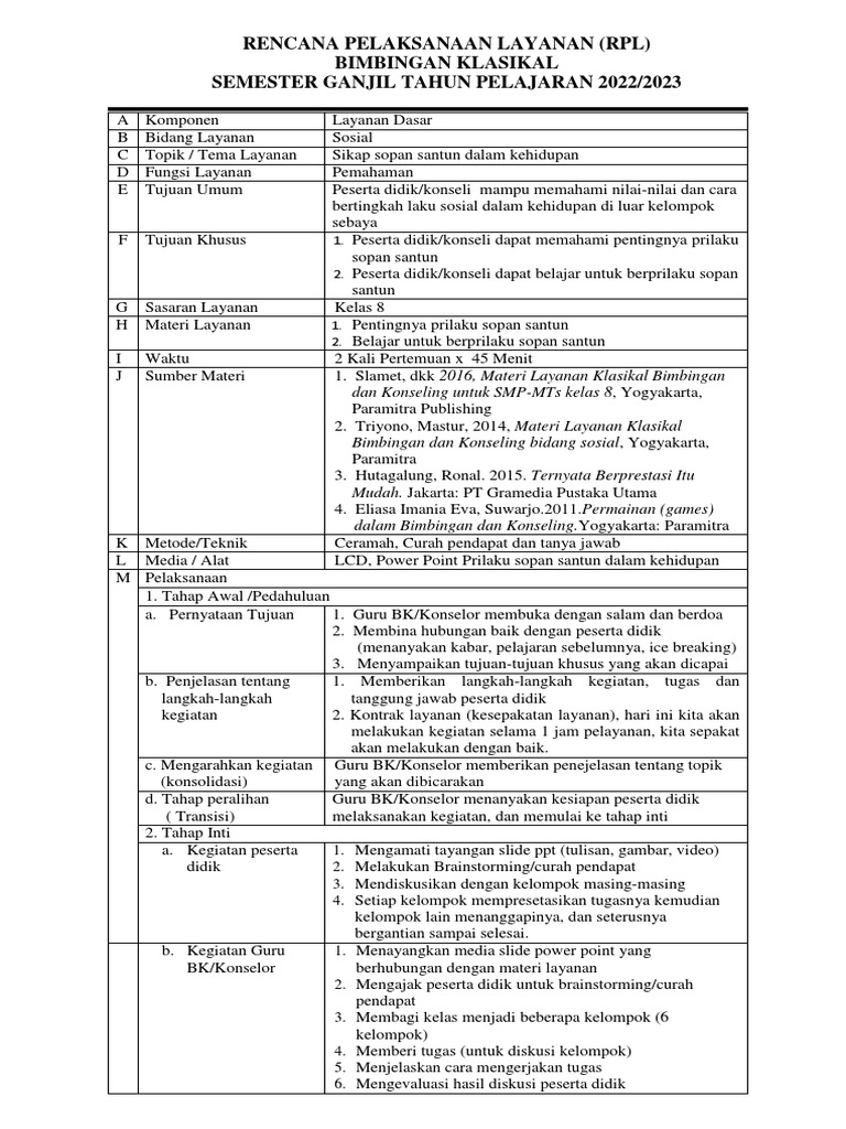 RPL Sikap Sopan Santun Dalam Kehidupan (Ganjil) | PDF
