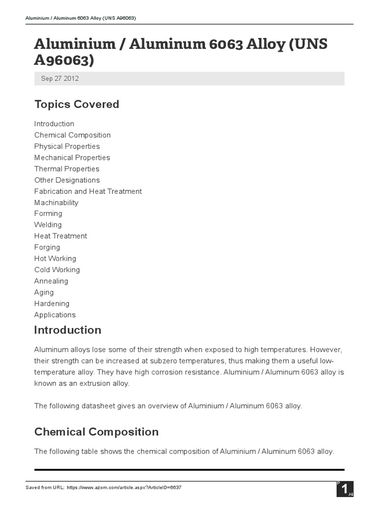 Aluminium Aluminum 6063 Alloy (UNS A96063) | PDF | Heat Treating | Alloy