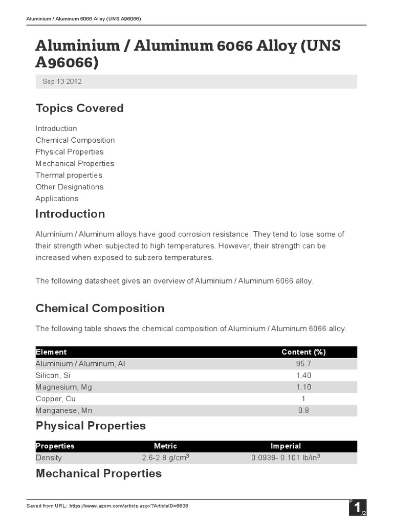 Aluminium Aluminum 6066 Alloy (UNS A96066) | PDF | Aluminium | Strength Of Materials
