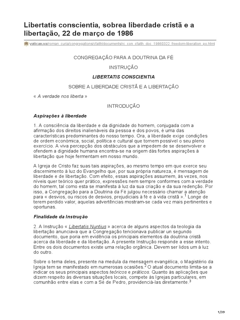 Libertatis Conscientia: Liberdade Cristã | PDF | Liberdade | Pecado