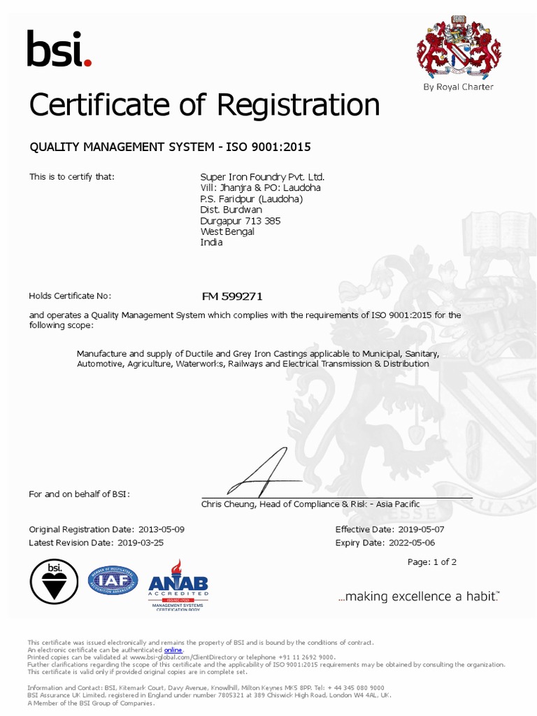 Super Iron Foundry ISO 9001:2015 Certificate | PDF | Iso 9000 | Business