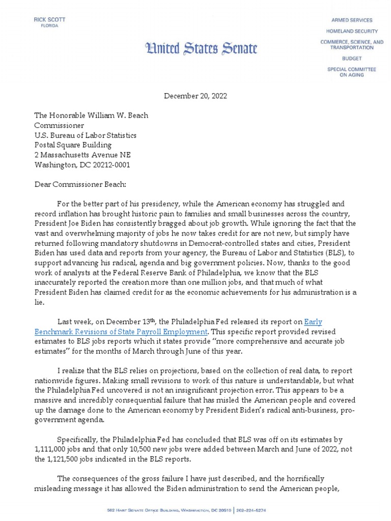 Scott Letter To BLS Chief | PDF | Bureau Of Labor Statistics | Federal ...