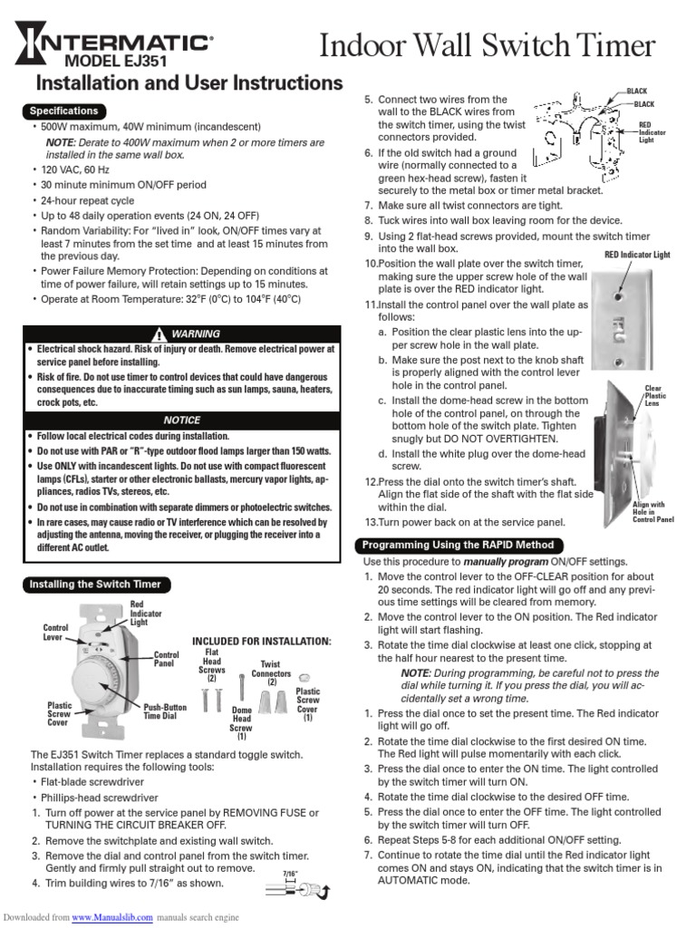 Intermatic EJ351 Light Switch Timer | PDF | Compact Fluorescent Lamp | Switch
