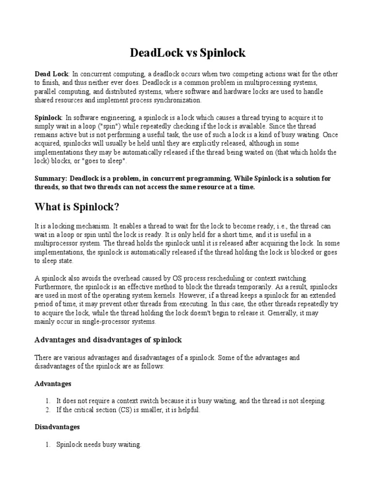 DeadLock Vs Spinlock | PDF | Thread (Computing) | Process (Computing)