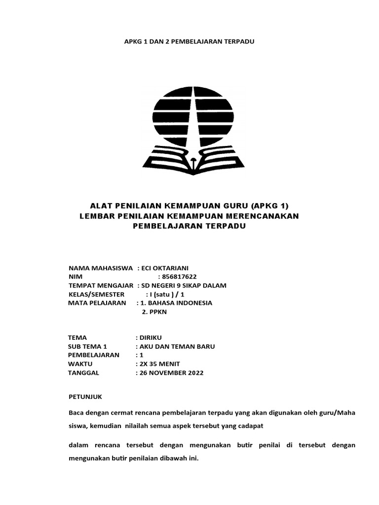 APKG 1 DAN 2 ECI PEMBELAJARAN TERPADU - Eci | PDF