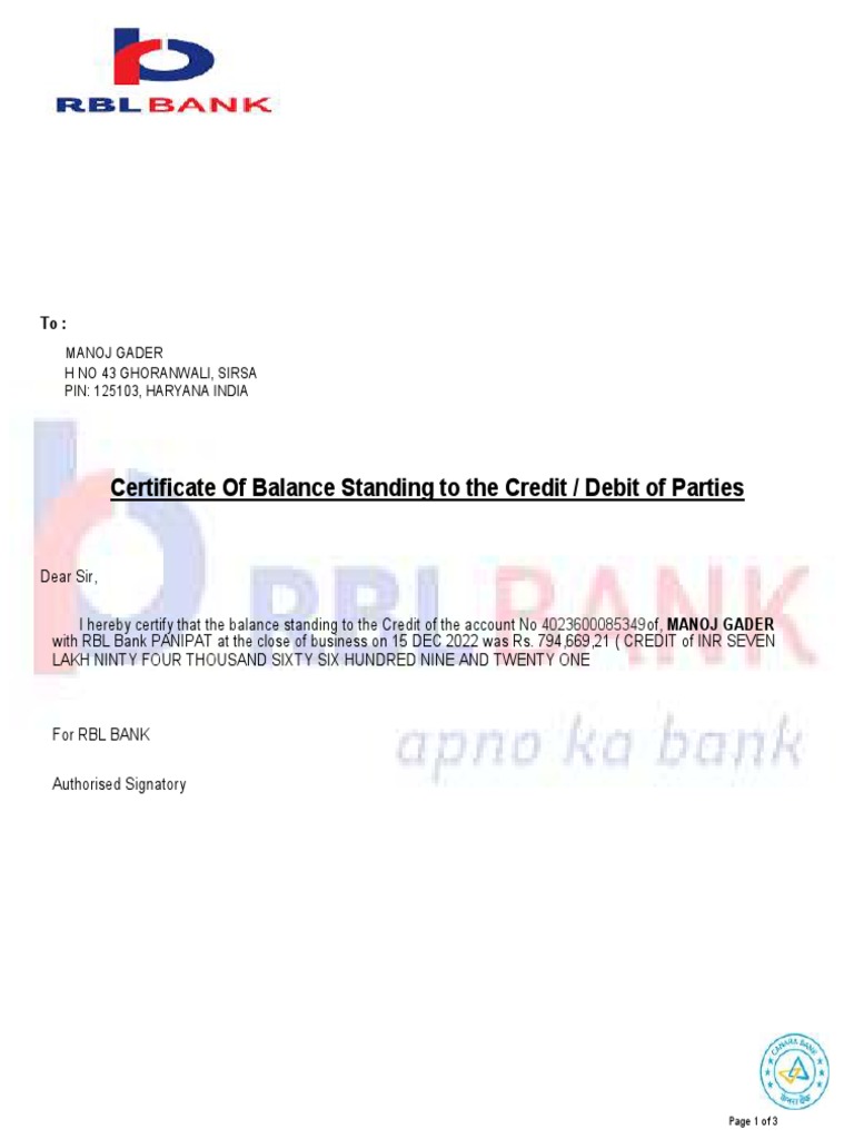 Certificate of Balance Standing To The Credit / Debit of Parties | PDF ...