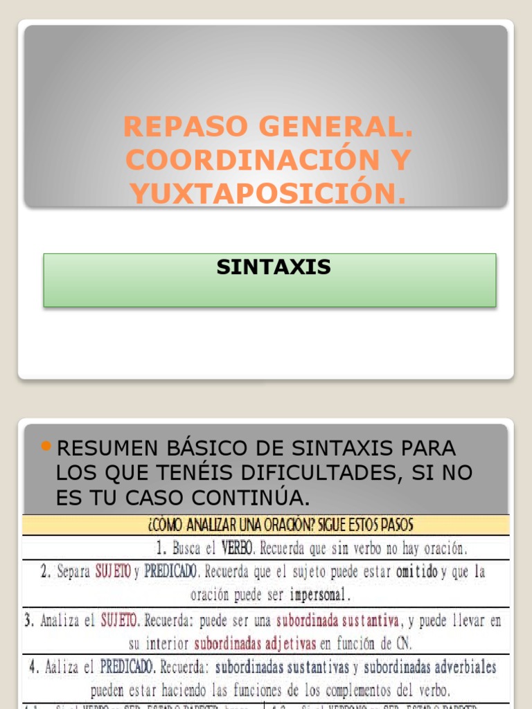 Sintaxis Repaso Refuerzo. Coordinación, Yuxt | PDF