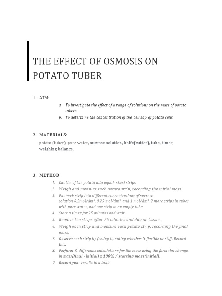 The Effect Of Osmosis On Potato Tuber Pdf Osmosis Physical Sciences